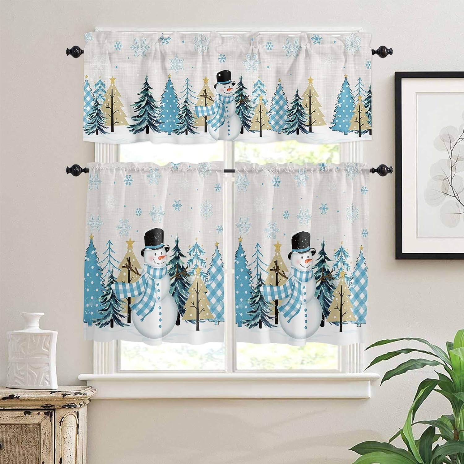 Kitchen Curtains Tiers and Valances Set, Christmas Tree Snowman Winter ...