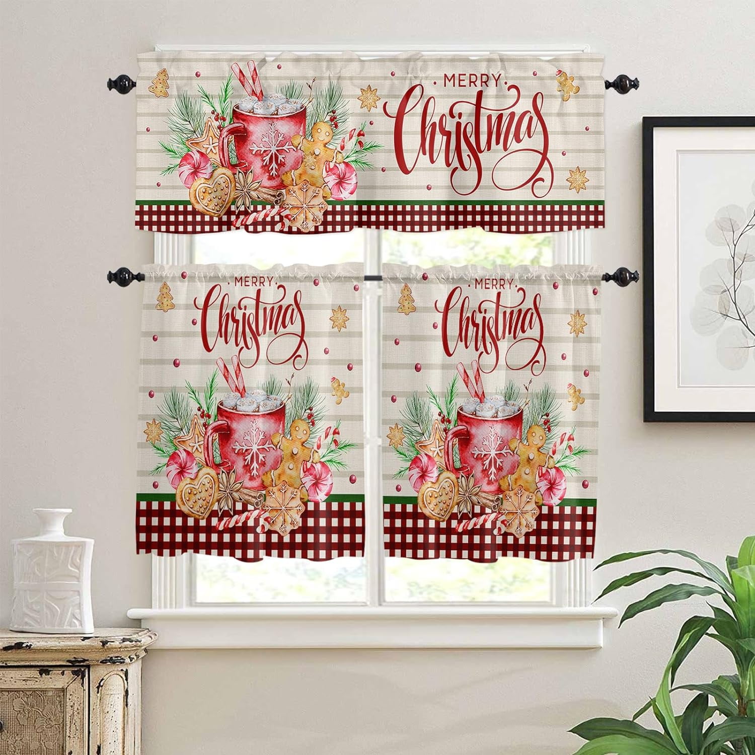 Kitchen Curtains Tiers and Valances Set, Merry Christmas Hot Coco ...