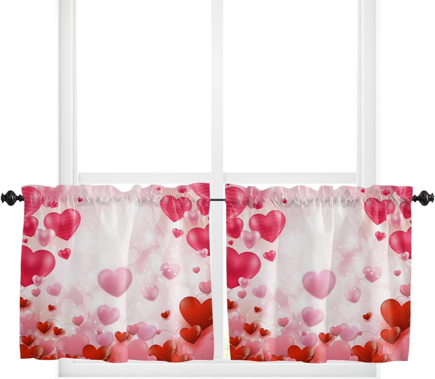 Kitchen Curtains Tiers, Valentine''s Day Love Heart Balloon Pink Red ...