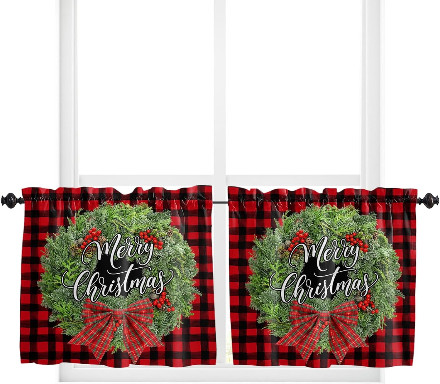 Kitchen Curtains and Valance Set of 2 - Christmas Red and Black Plaid ...