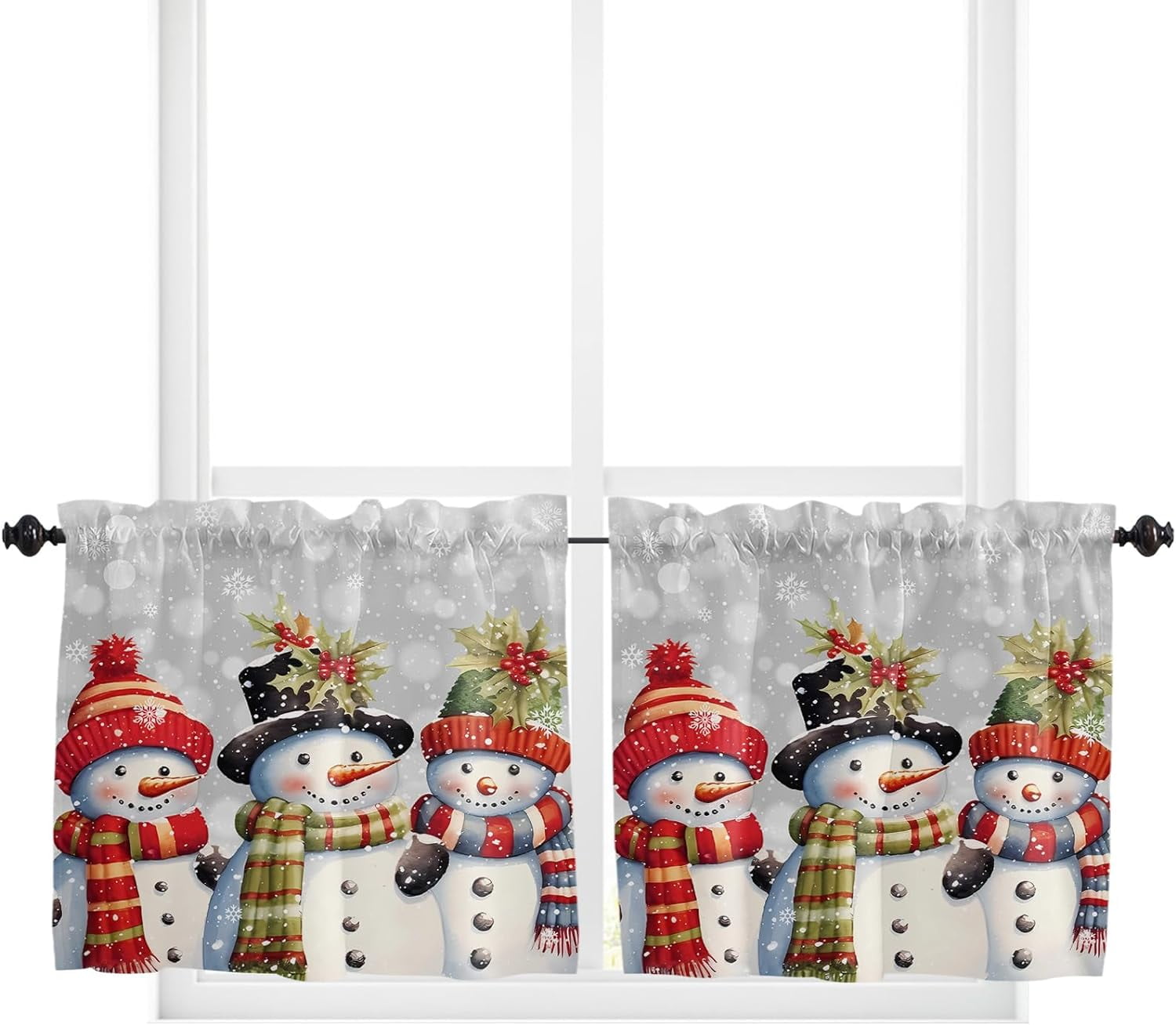 Kitchen Curtains and Valance Set of 2 - Christmas Scarf Snowman Grey ...