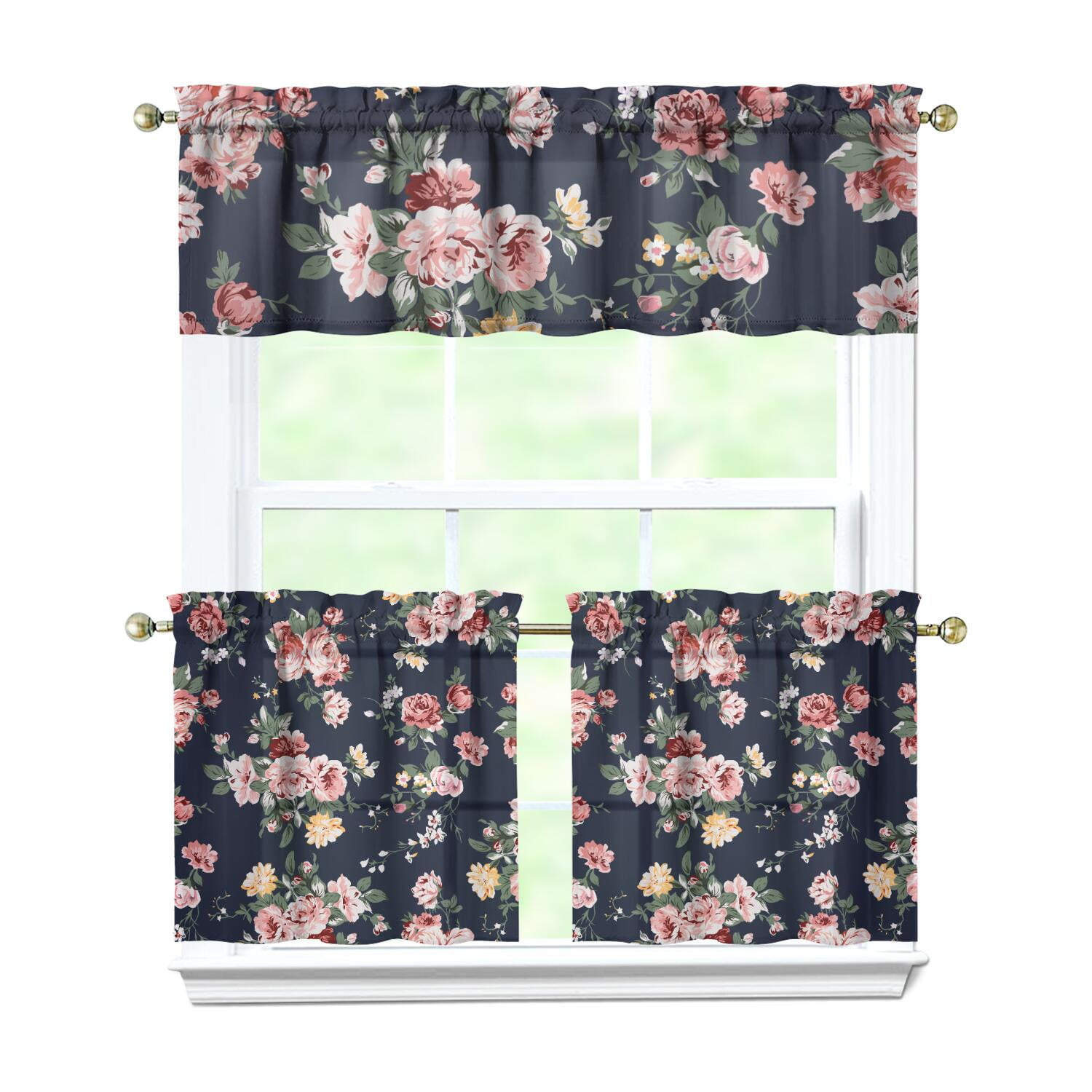 Kitchen Curtains and Valance Set 24 Inch Tier Pioneer Colorful Floral ...