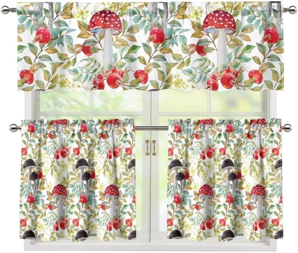 Kitchen Curtains Valance Set of 3 Red Mushroom Leaf Light Filtering 24 ...
