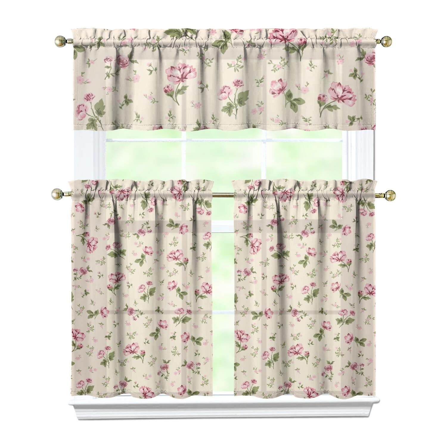 Kitchen Curtains and Valance Set 36 Inch Tier Pioneer Colorful Floral 3 ...