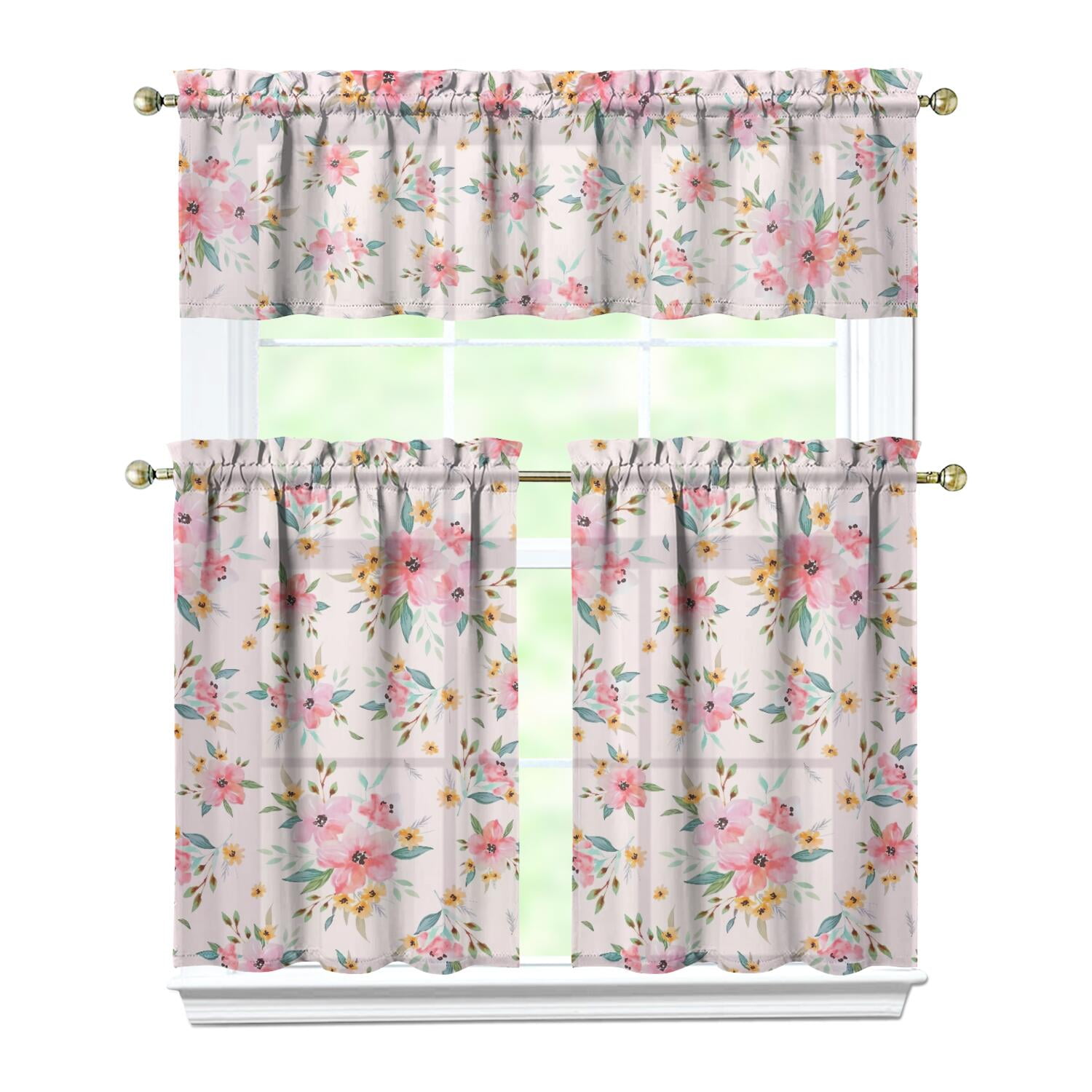 Kitchen Curtains and Valance Set 36 Inch Tier Pioneer Colorful Floral 3 ...