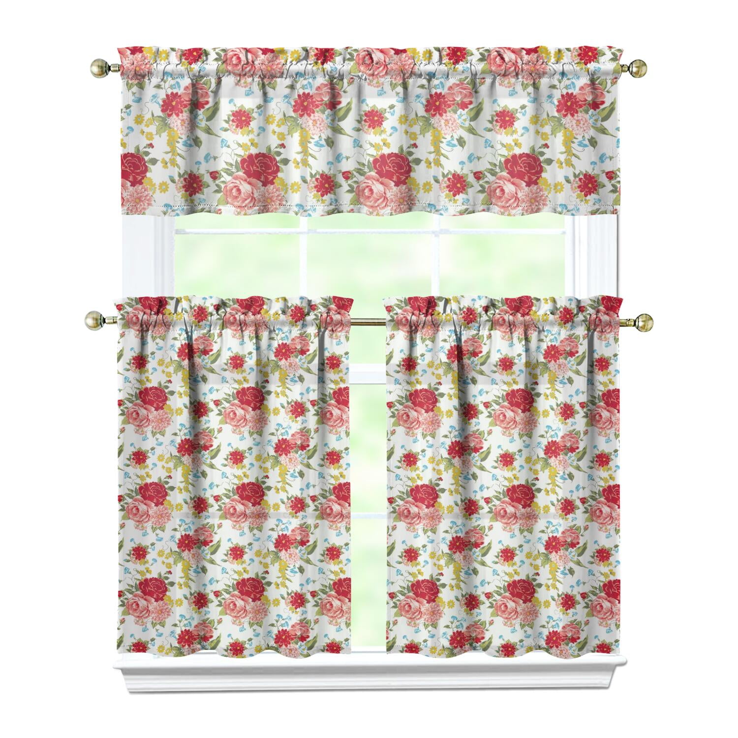 Kitchen Curtains and Valance Set 36 Inch Tier Pioneer Colorful Floral 3 ...