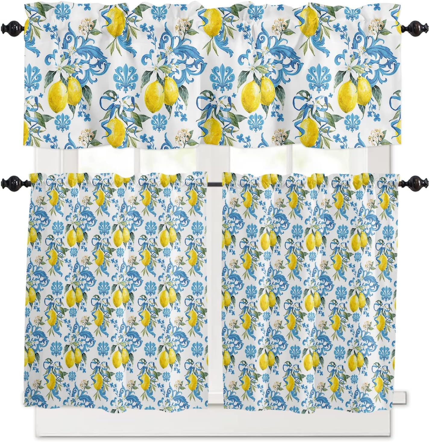 Kitchen Curtains and Valance Set Tier Curtains Baroque Blue Texture ...