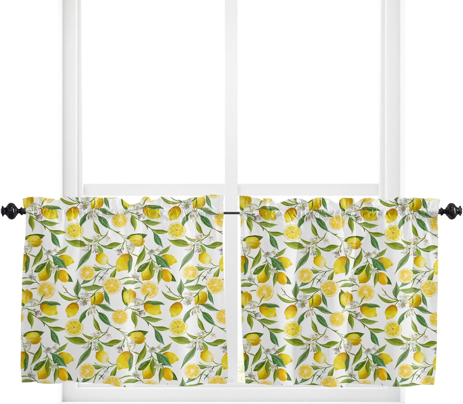 Kitchen Curtains and Valance Set Tier Curtains Yellow Lemons and White ...
