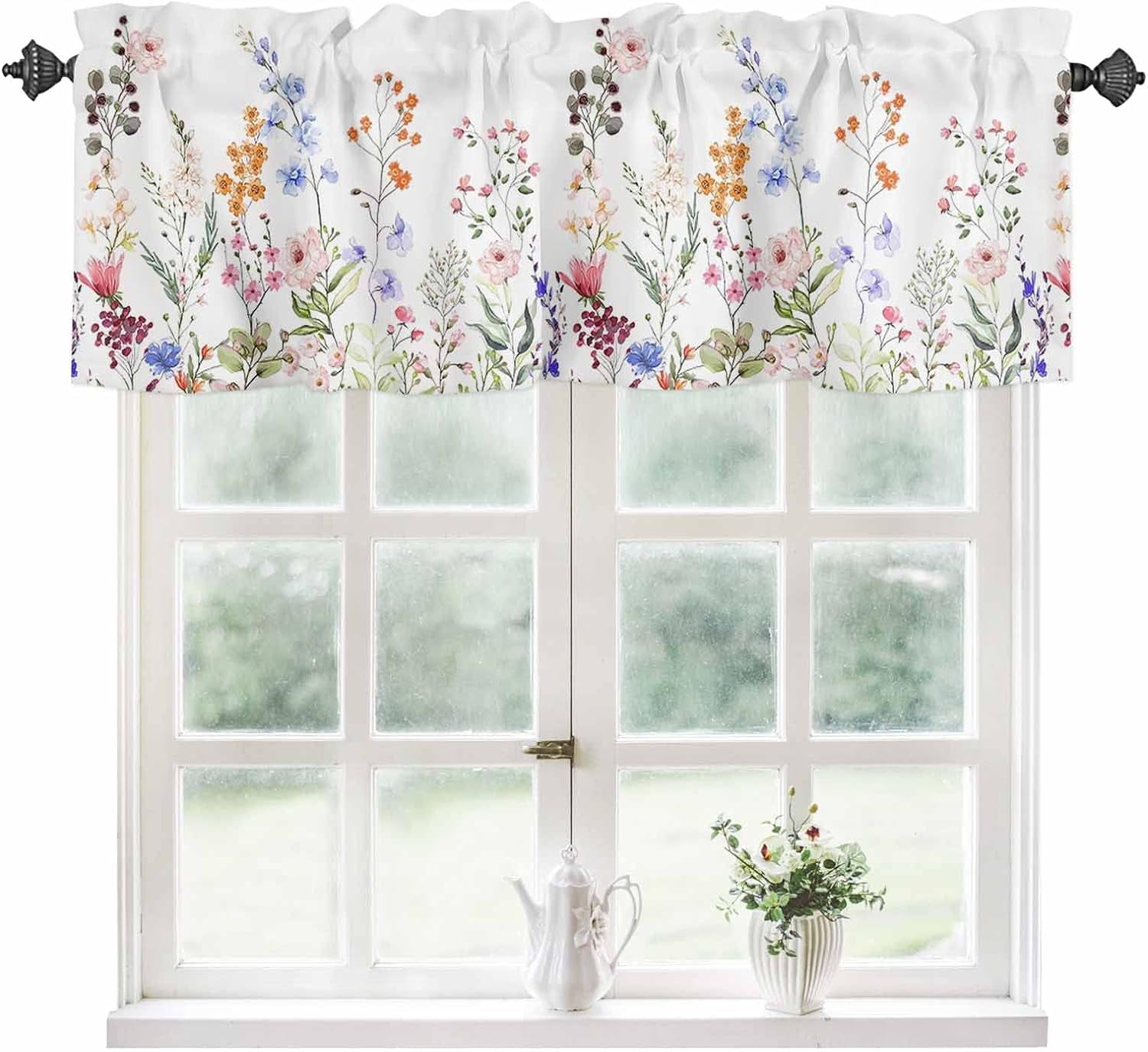 Kitchen Curtains Valances, Blue Flower Leaf Spring Summer Floral Short ...