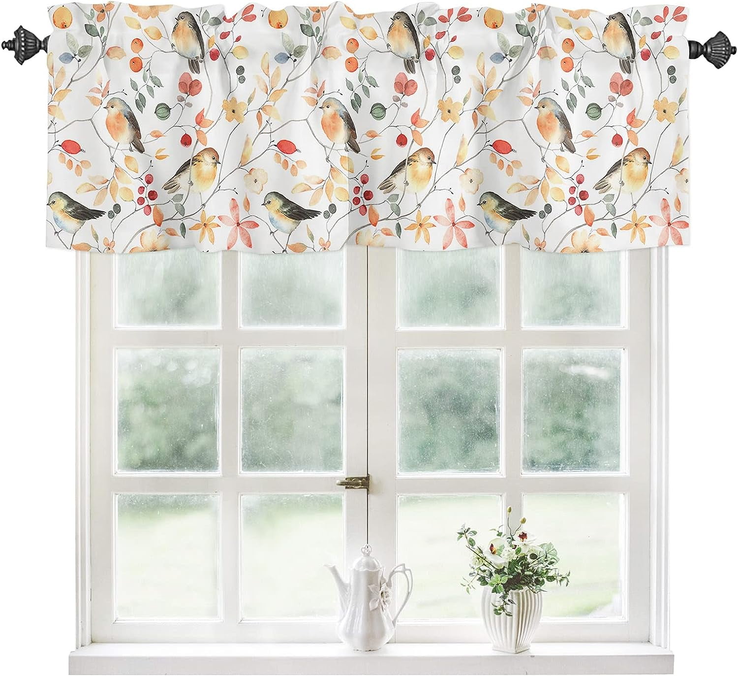 Kitchen Curtains Valances, Flower Bird Plant Spring Summer Fall Floral ...