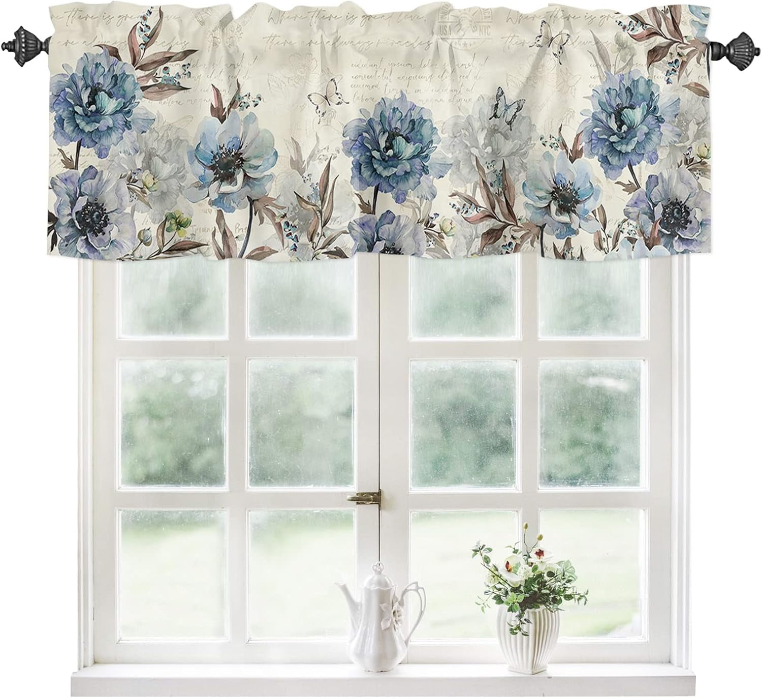 Kitchen Curtains Valances, Flower Butterfly Dragonfly Vintage Blue ...