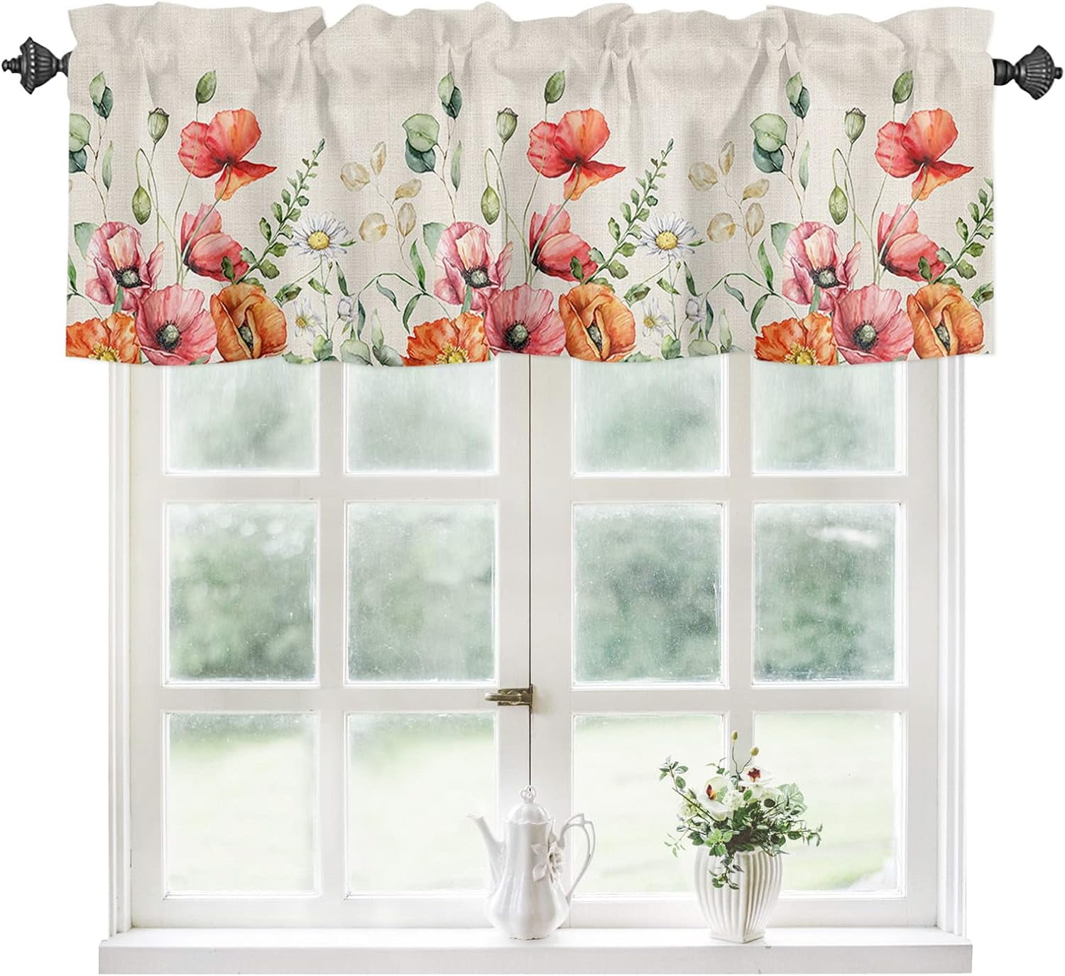 Kitchen Curtains Valances, Poppies Eucalyptus Leaves Daisy Flower ...