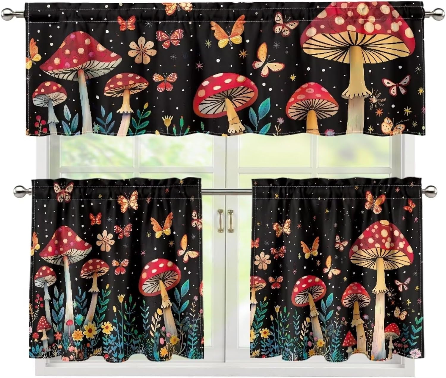 Kitchen Curtains and Valances Set 24 Inches Long Mushroom Butterfly ...