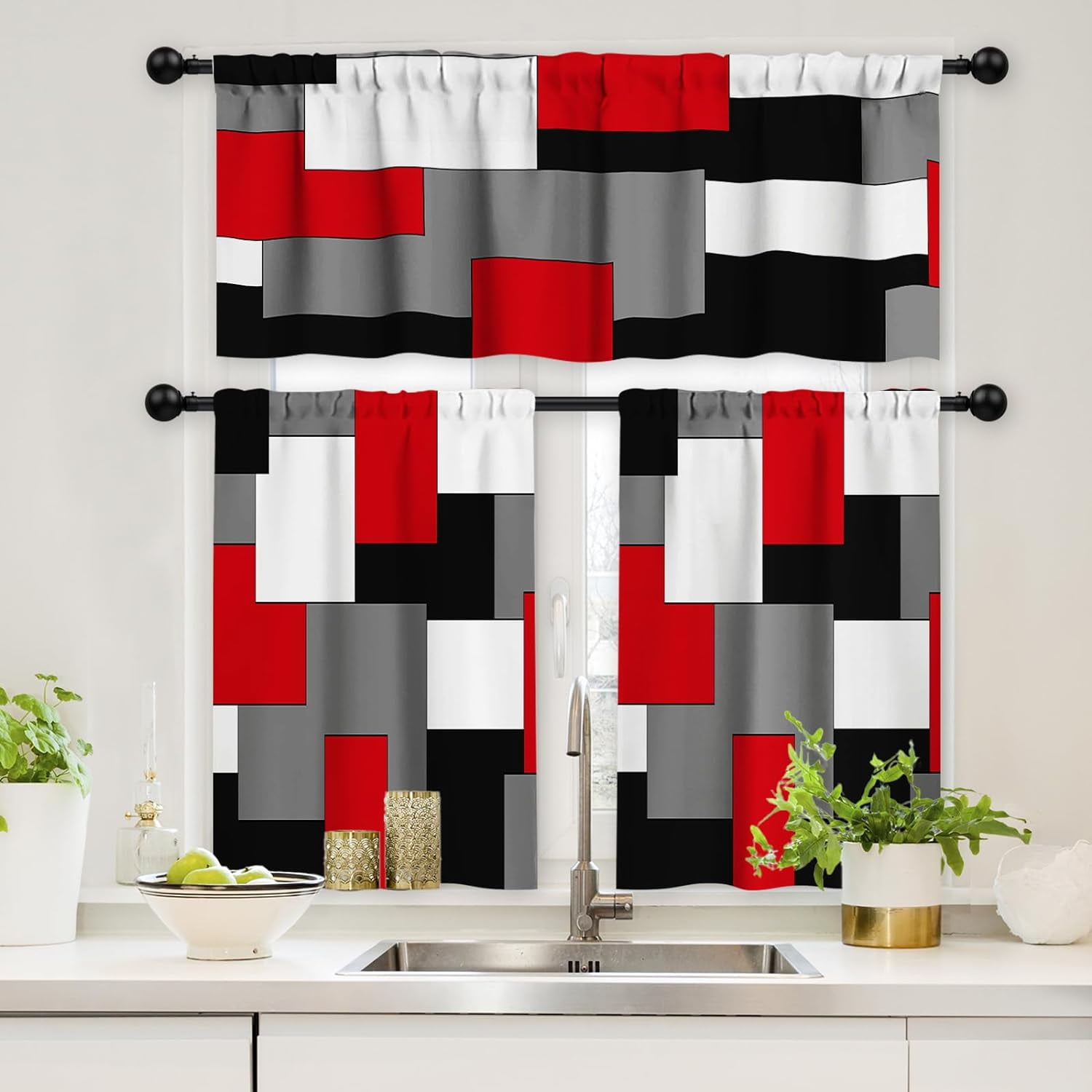 Kitchen Curtains and Valances Set 3 Piece Curtains 36 Inch Length Black ...
