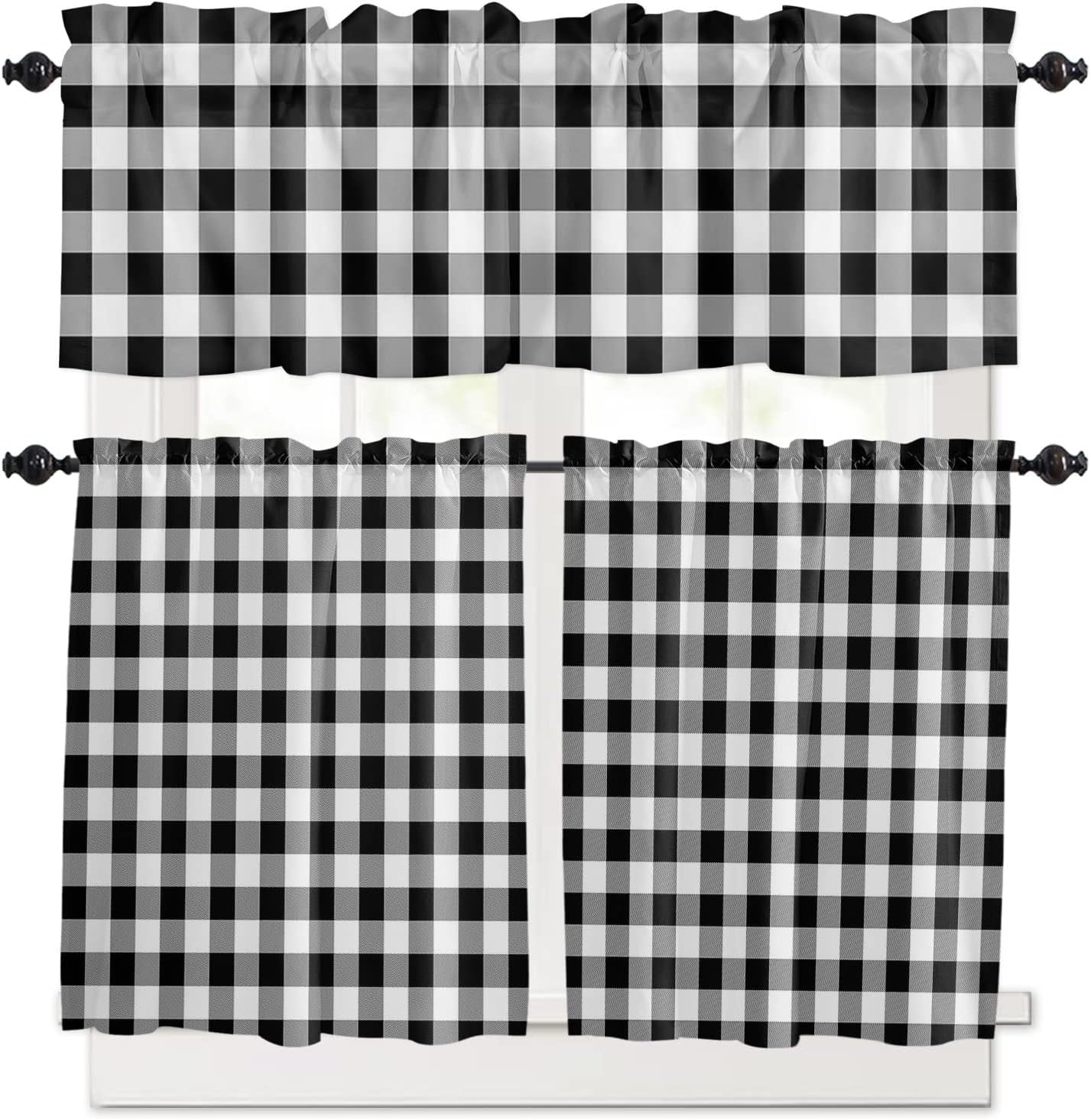 Kitchen Curtains and Valances Set, Black White Buffalo Plaid Rod Pocket ...