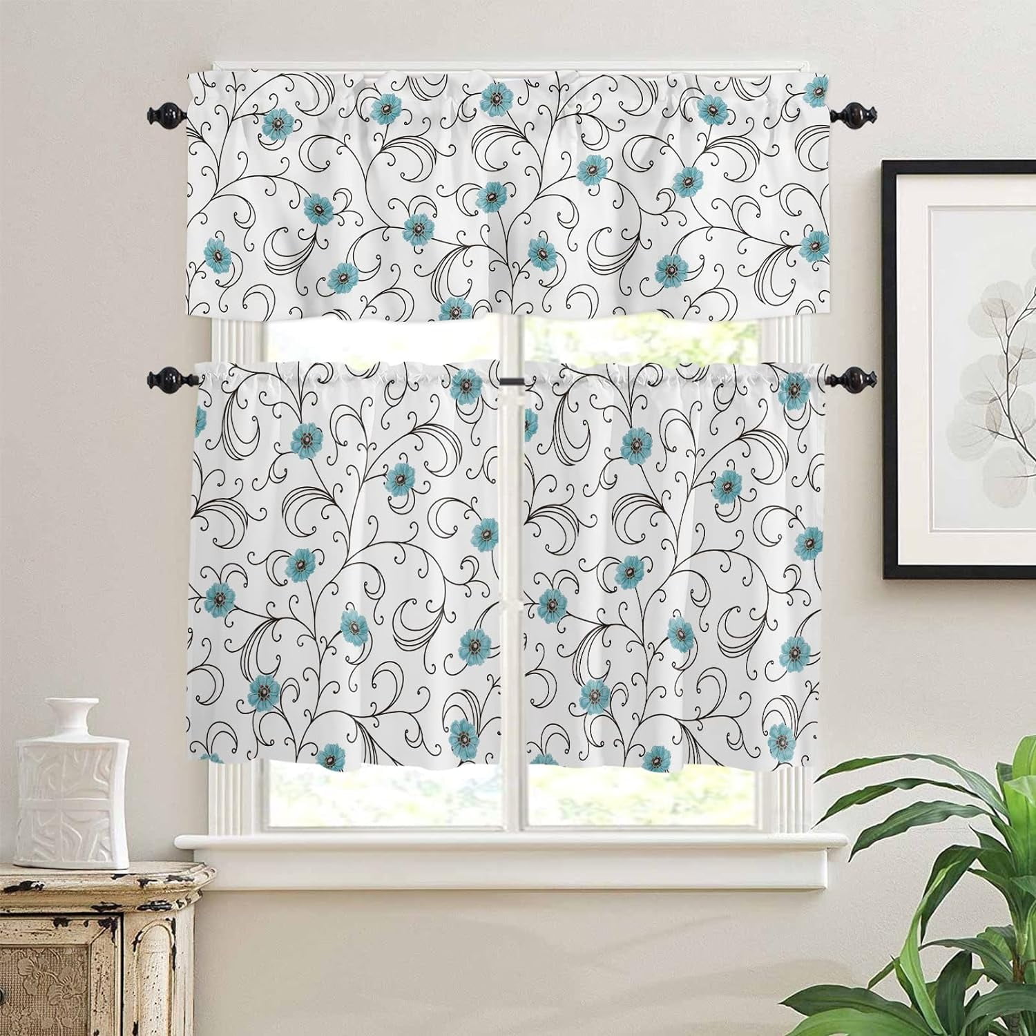 Kitchen Curtains and Valances Set, Blue Flower Leaf Spring Summer ...