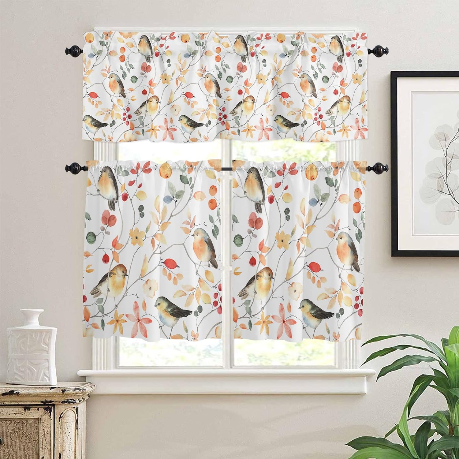 Kitchen Curtains and Valances Set, Flower Bird Plant Spring Summer Fall ...