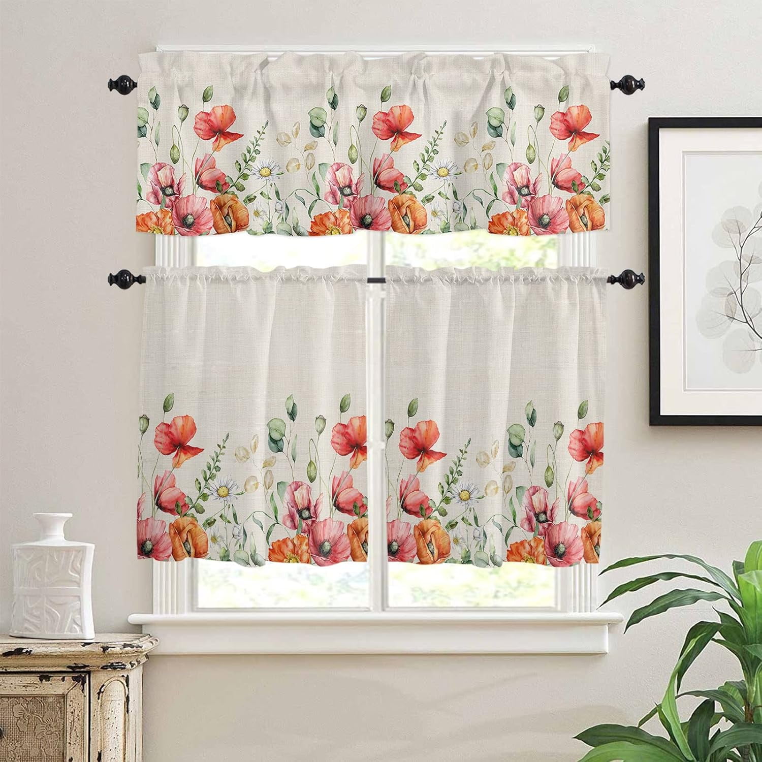 Kitchen Curtains and Valances Set, Poppies Eucalyptus Leaves Daisy ...