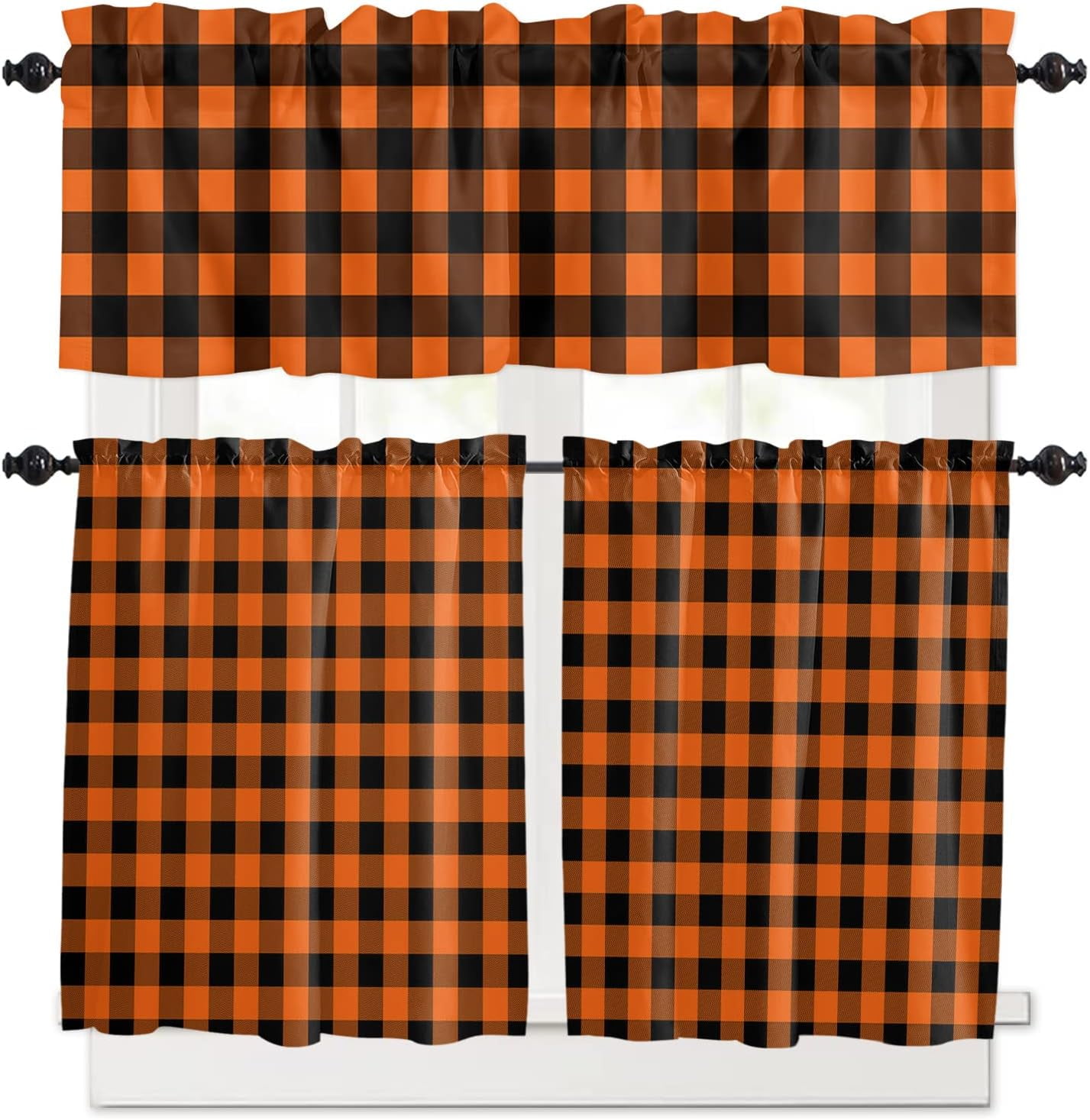 Kitchen Curtains and Valances Set, Rustic Orange and Black Buffalo ...