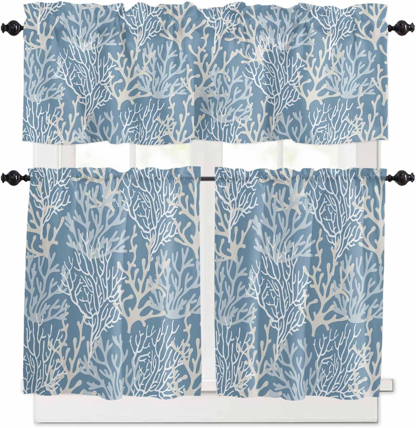 Kitchen Curtains and Valances Set, Summer Gradient Blue Ocean Coral ...