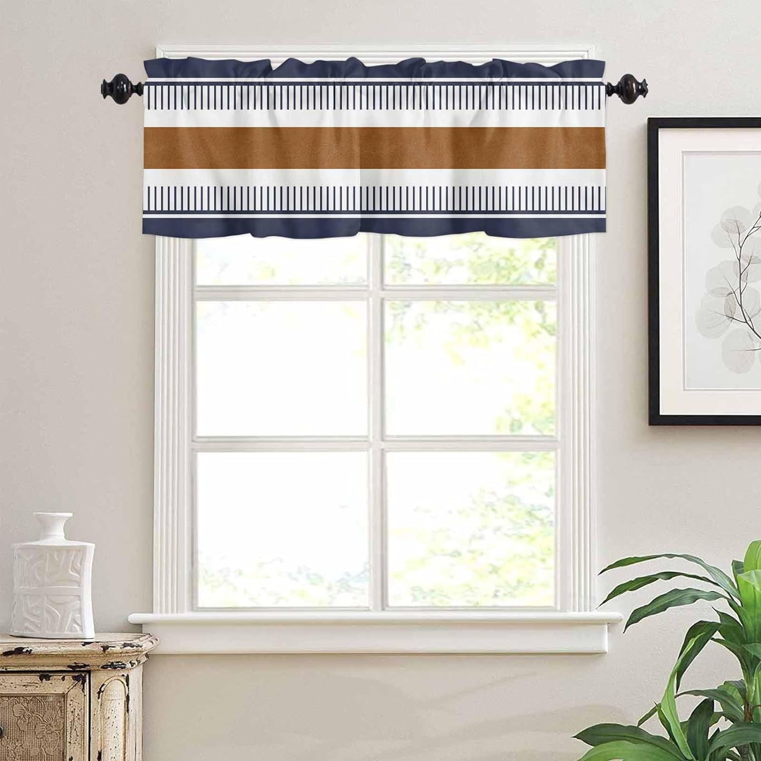 Kitchen Curtains Valances for Small Windows, Modern Simple Blue Line ...