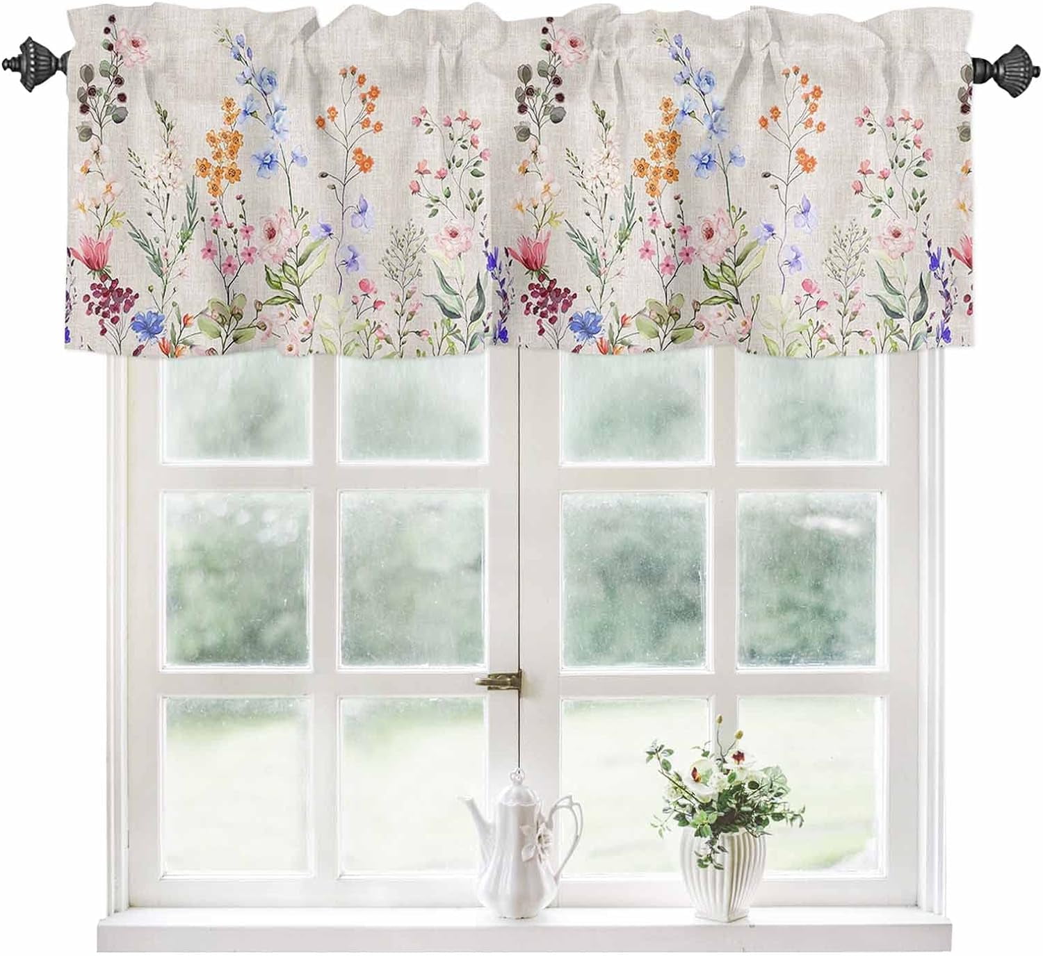 Kitchen Curtains Valances, Spring Flower Leaf Plant Wildflowers Vintage ...