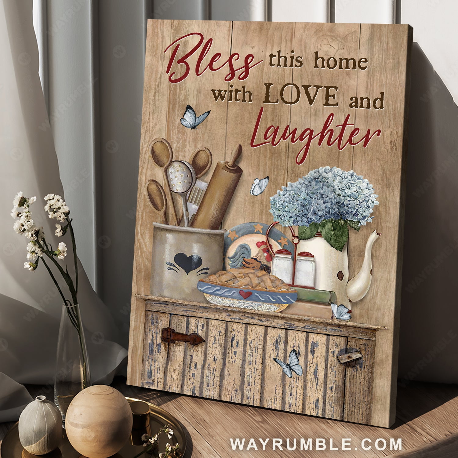 Kitchen Decor, Blue Hydrangea, Bless This Home With Love And Laughter ...