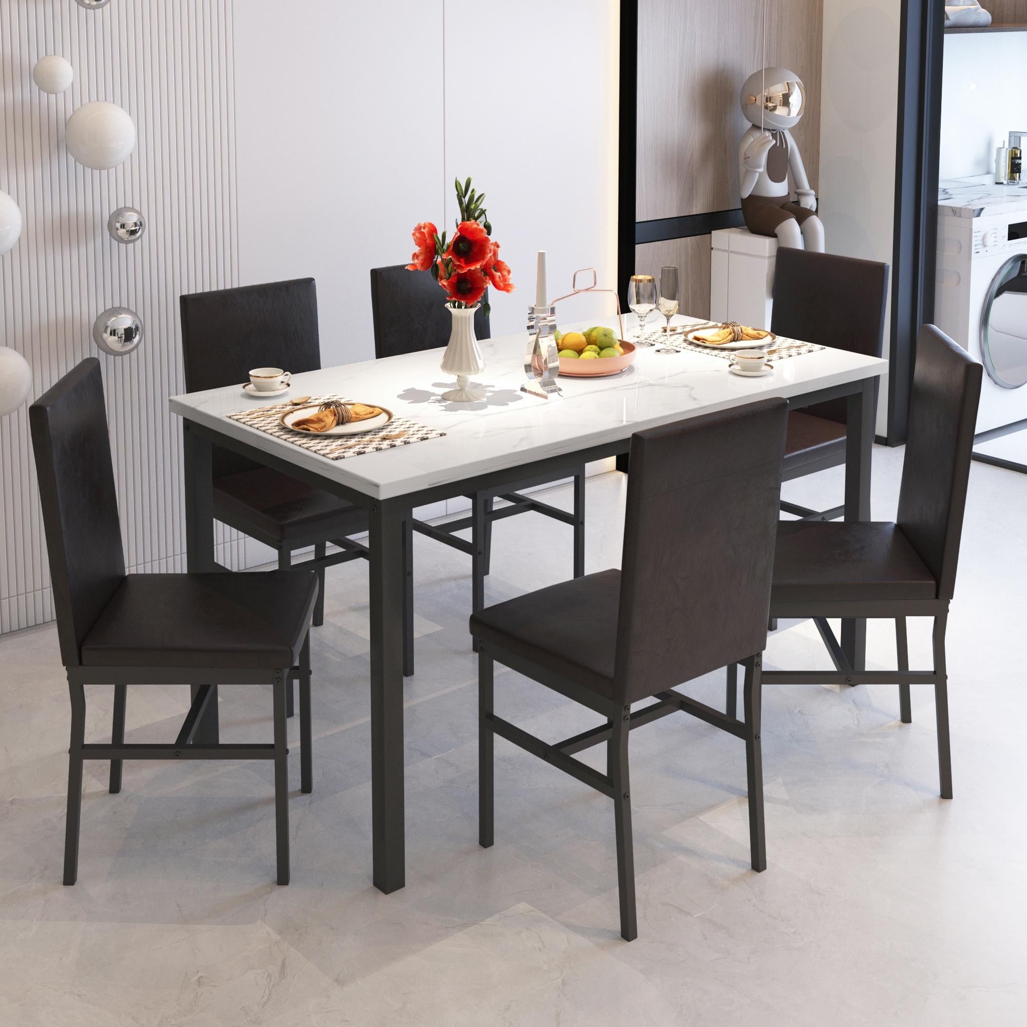 7-Piece Indoor Dining Set, Rectangular Wood Table and 6 Chairs, Modern ...