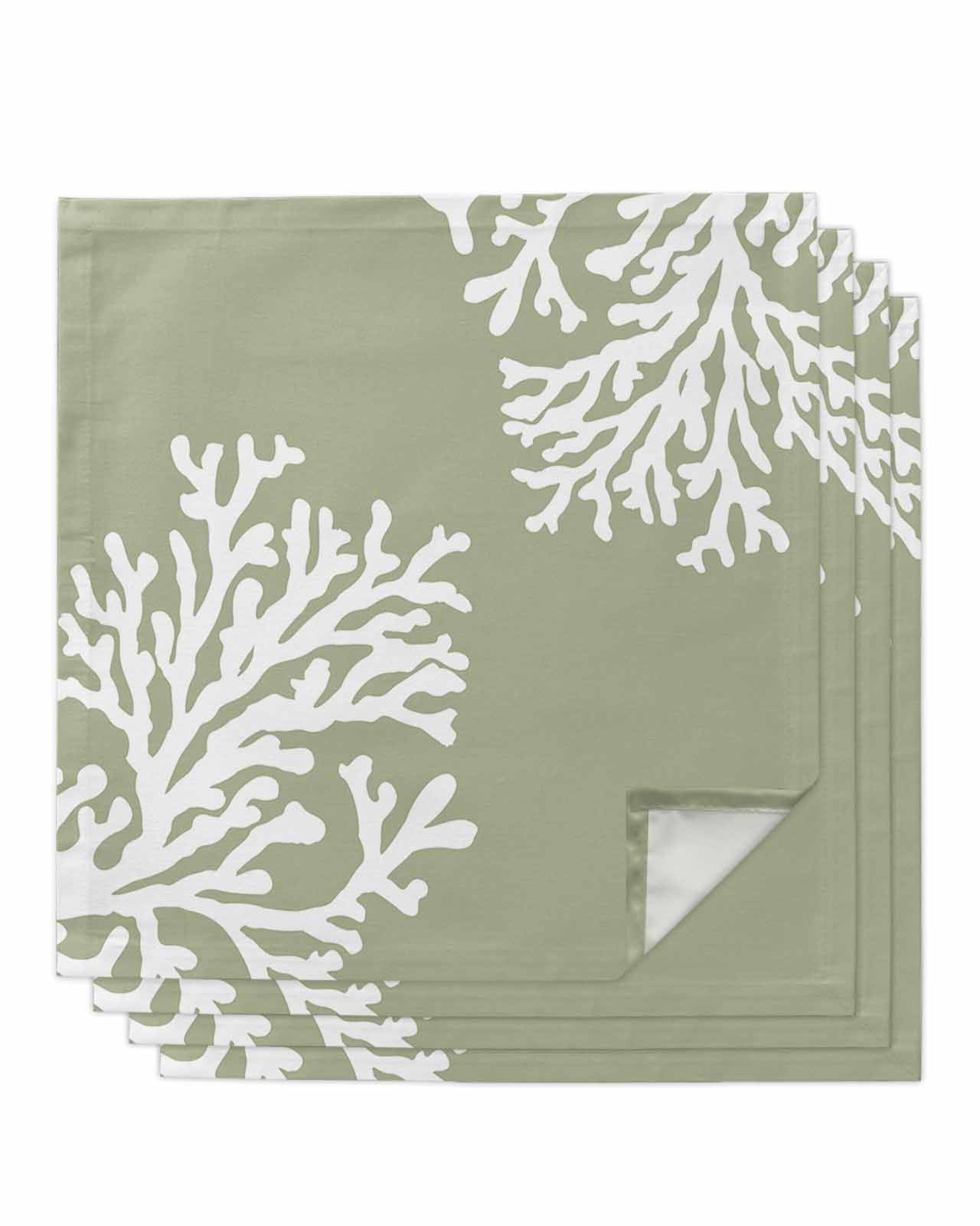 Kitchen Dinner Napkins Set of 4, Sage Green Coral Cloth Napkins ...