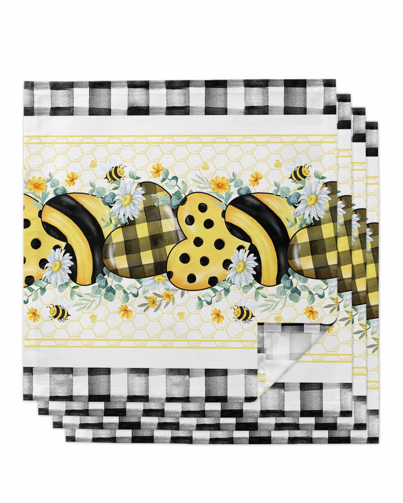 Kitchen Dinner Napkins Set of 4, Summer Bee Eucalyptus Leaves Cloth ...