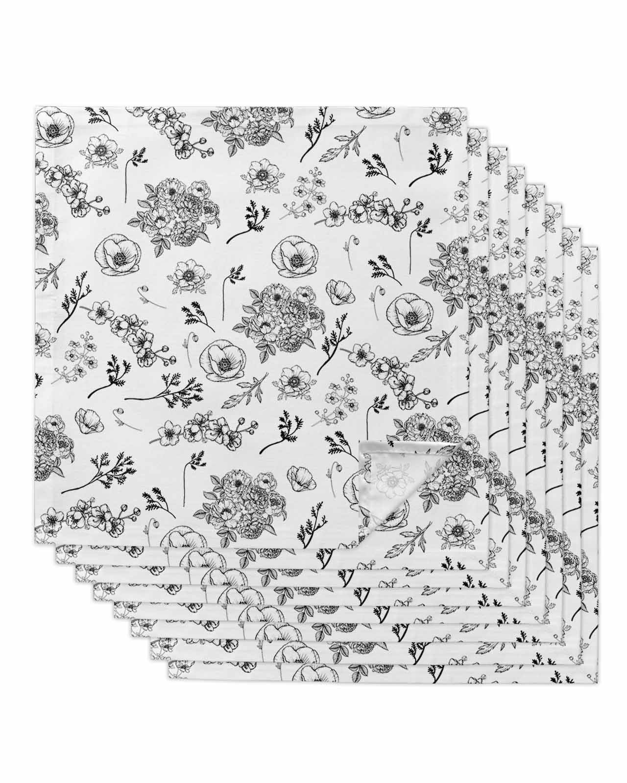 Kitchen Dinner Napkins Set of 8, Black Gray Botanical Cloth Napkins ...