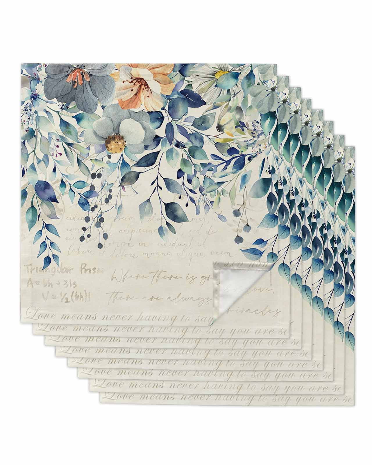 Kitchen Dinner Napkins Set of 8, Summer Blue Floral Cloth Napkins ...