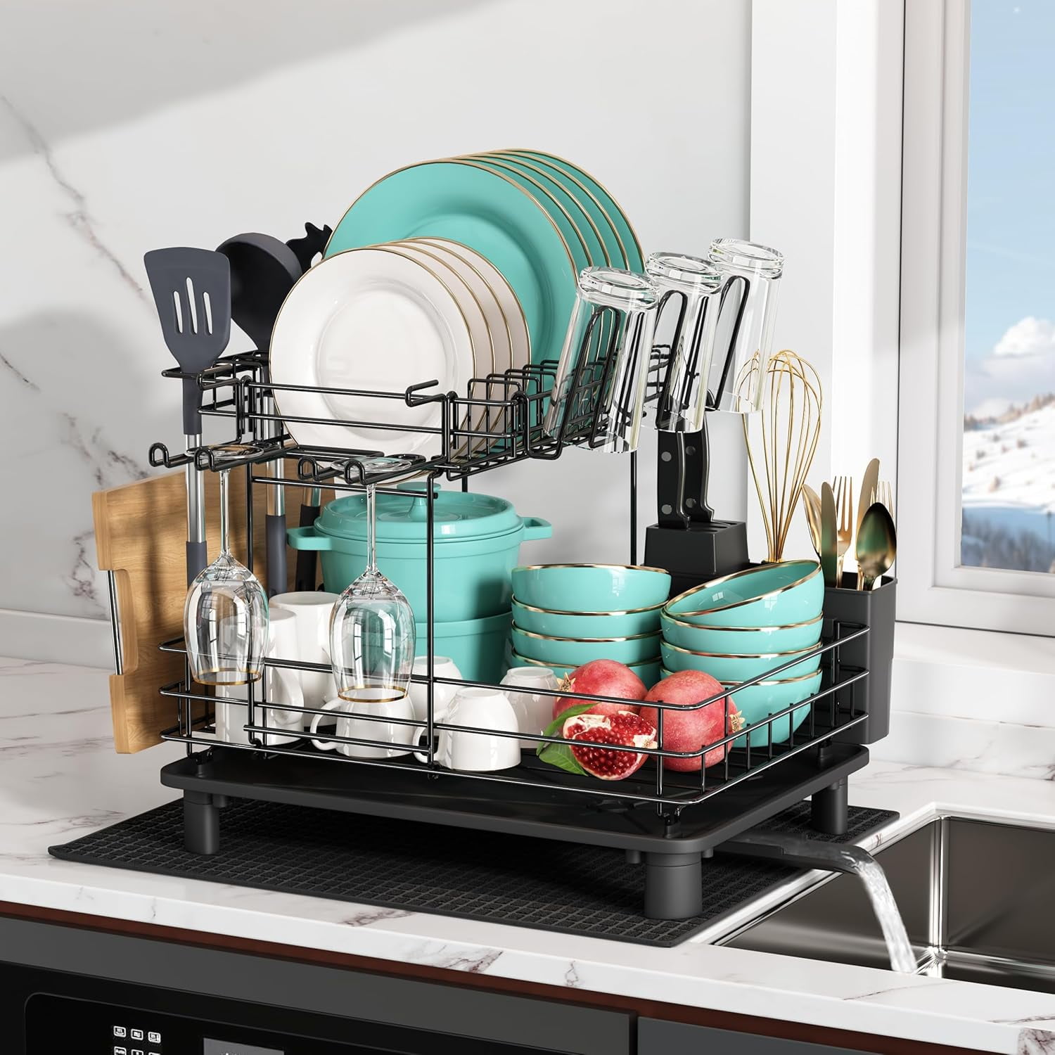 Kitchen Dish Drying Rack 2 Tier Dish Drainer for Kitchen Counter Stainless Steel Dish Strainer with Drain Board for Dishes Bowls Cups Knives