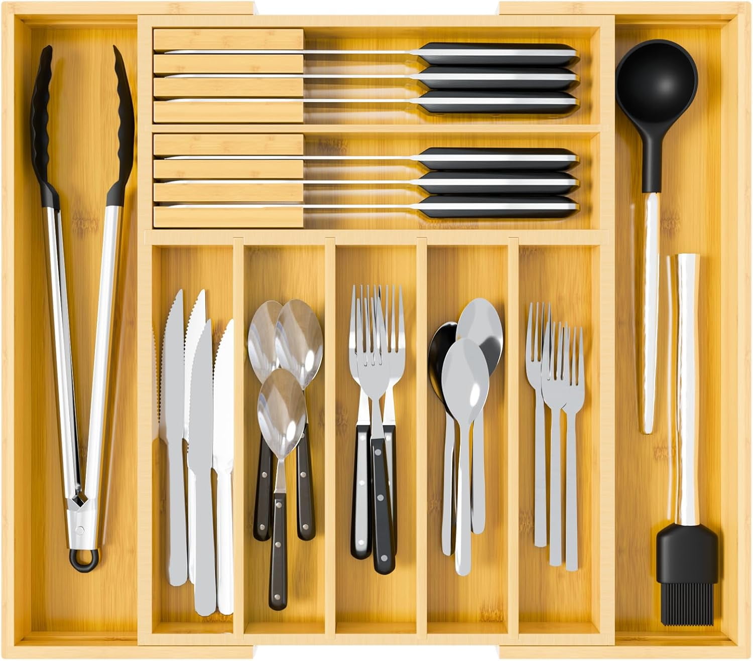 Kitchen Drawer Organizer, Bamboo Expandable Silverware Organizer and ...