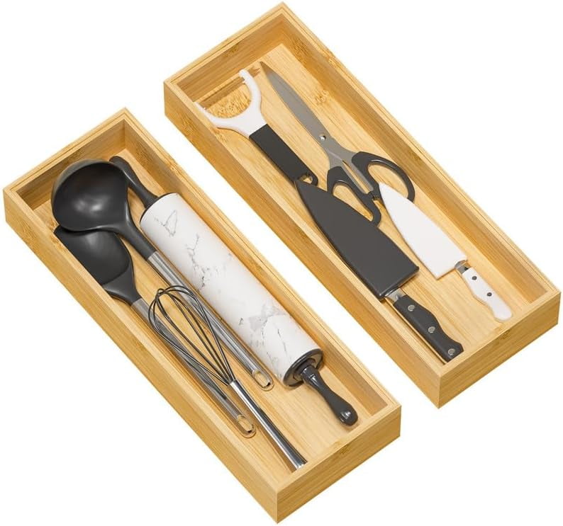 Kitchen Drawer Organizer Tray, Stackable Bamboo Deep Drawer Organizer ...