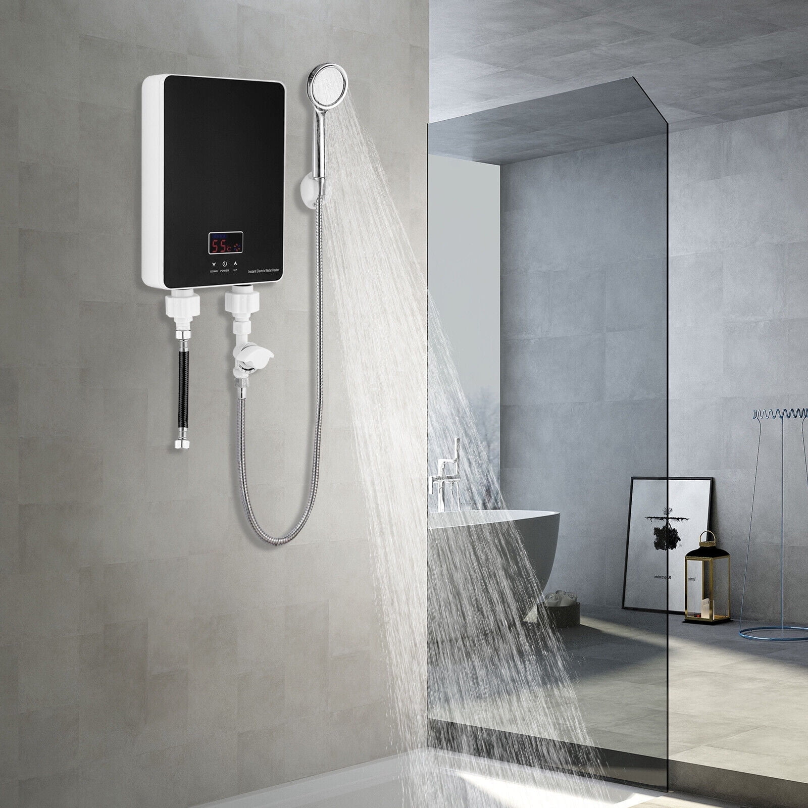 Kitchen Electric Hot Tankless Water Heater Shower Instant Boiler W/ Shower Head 28*19*6.5cm/ 11. ...