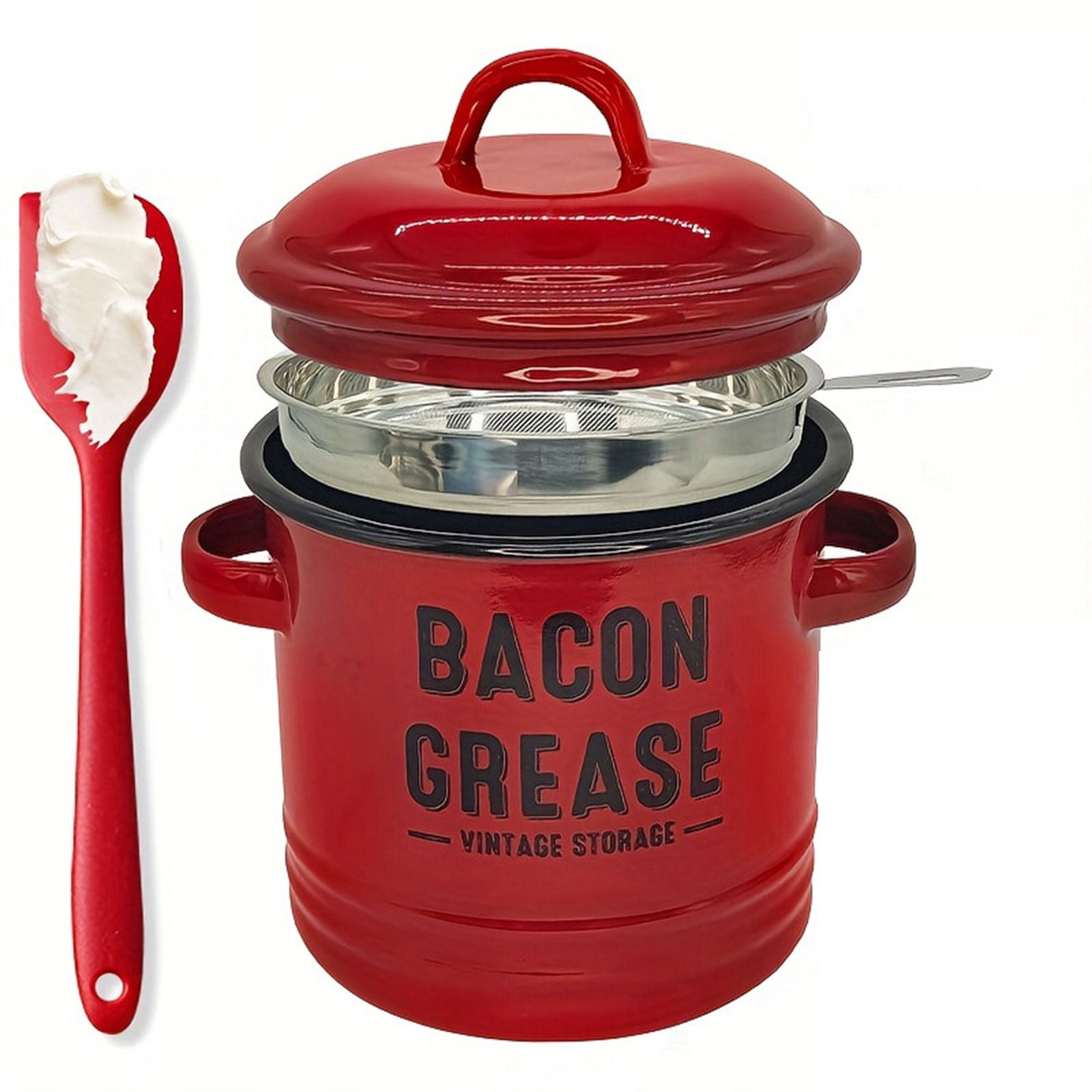 Kitchen Enameled Bacons Grease Jar with Strainer And Silicone Spatula ...