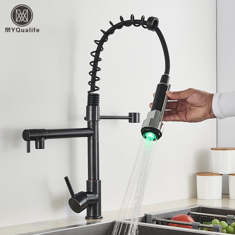 Kitchen Faucet Brushed LED Light Pull-down spring Kitchen Mixer with ...