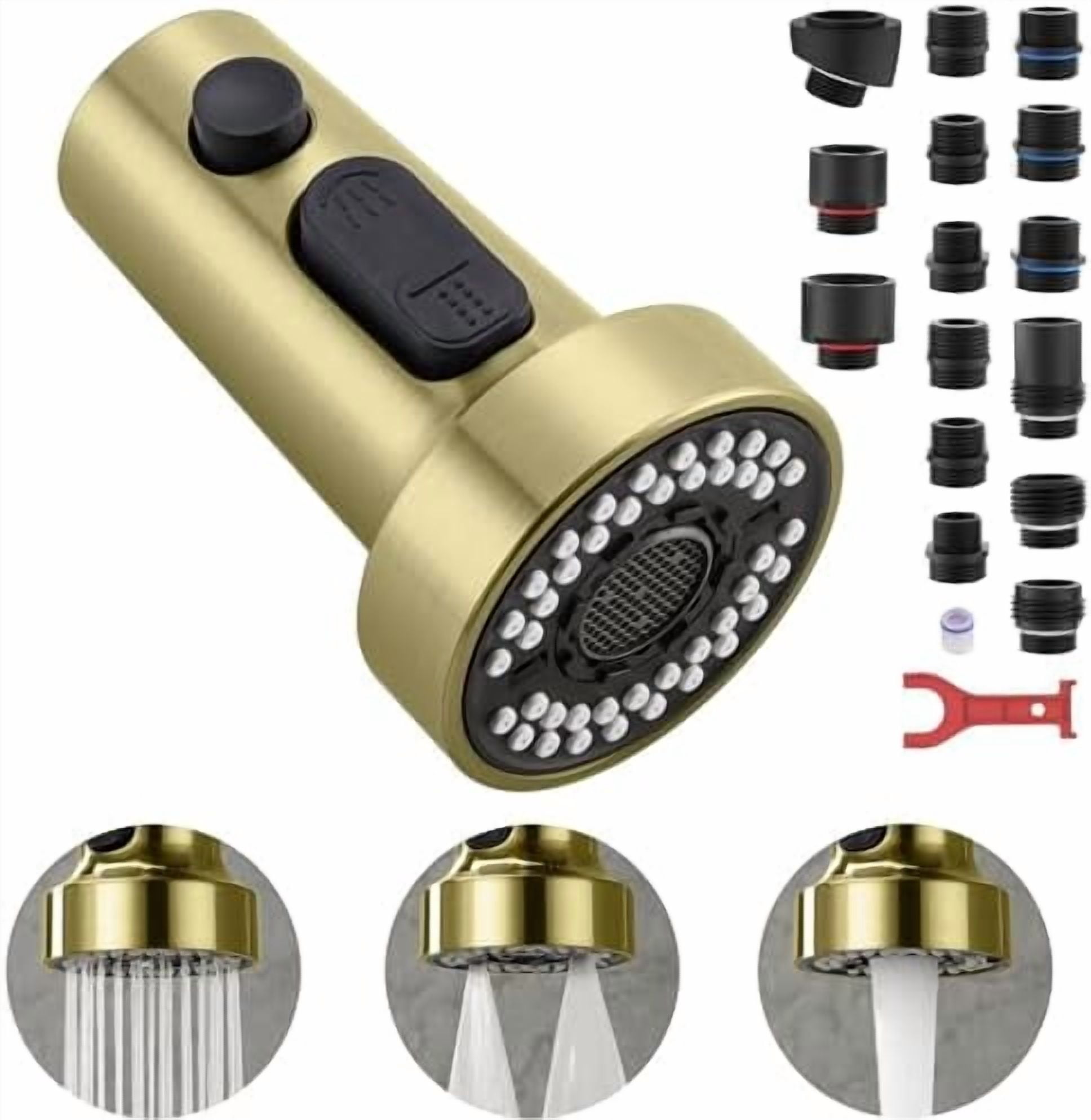 Kitchen Faucet Head with 15 Adapters, High Pressure 3 Functions Pull ...