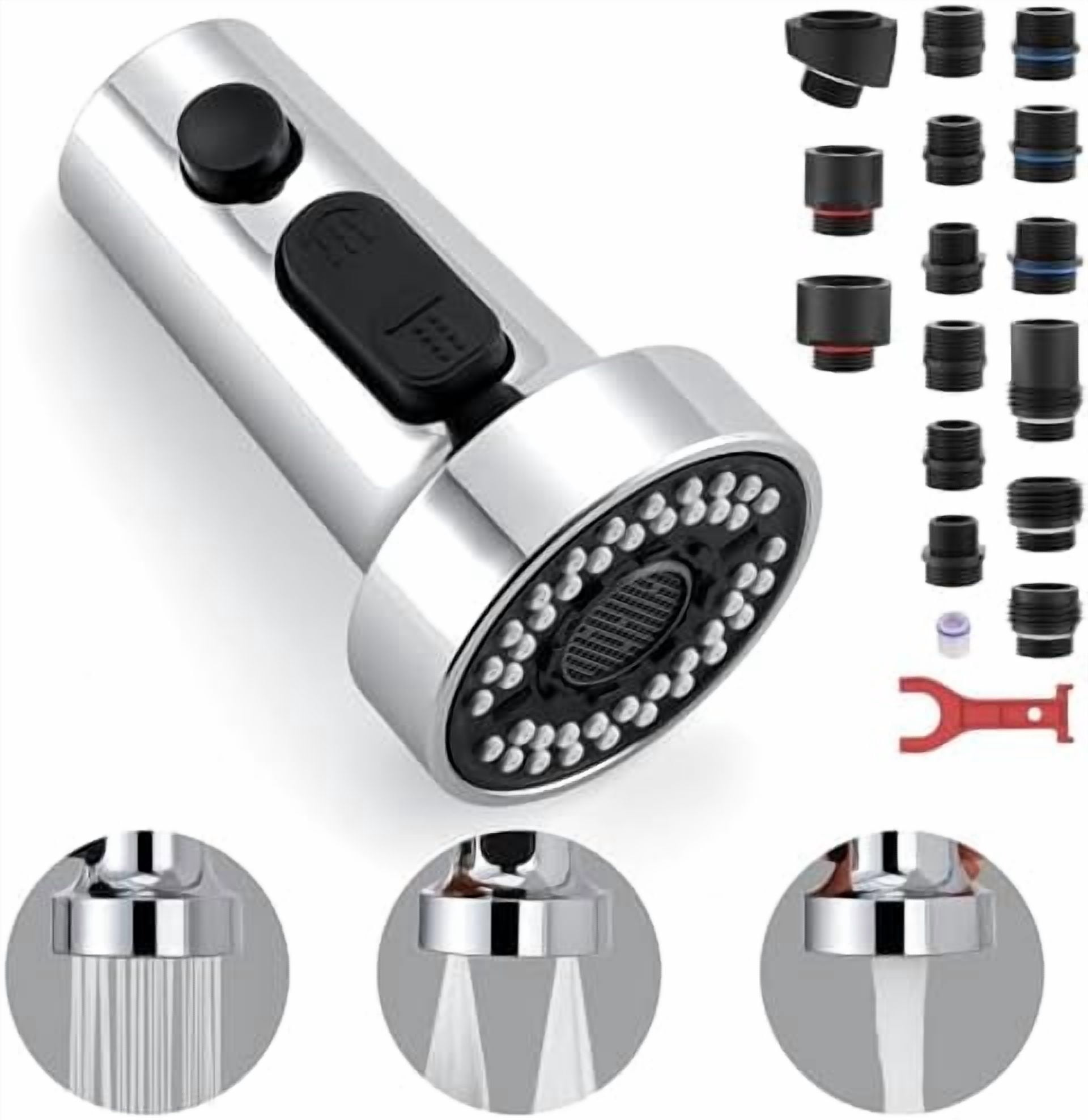 Kitchen Faucet Head Replacement with 15 Adapters, 3 Function Pull Down ...