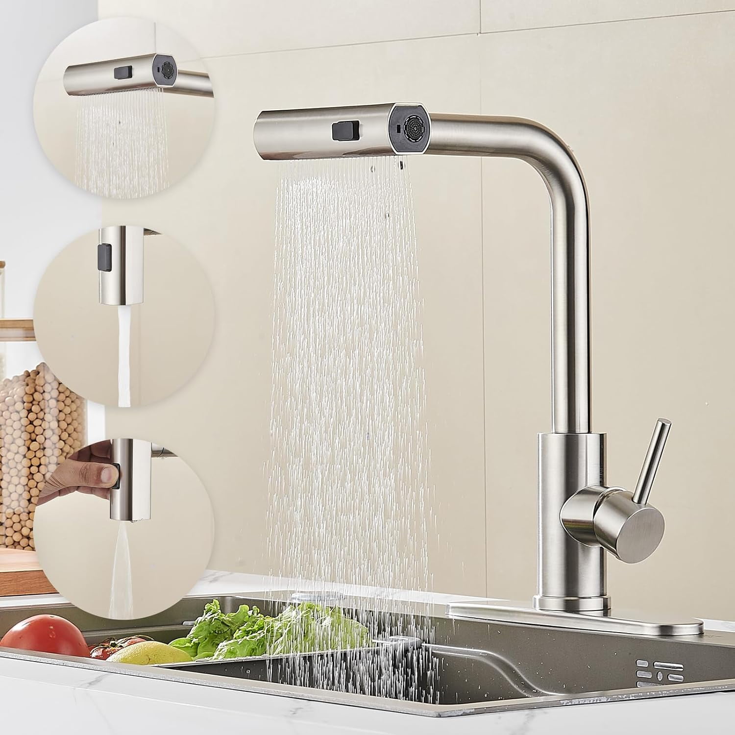 Kitchen Faucet with Pull Down Sprayer, Brushed Nickel Waterfall Touch ...