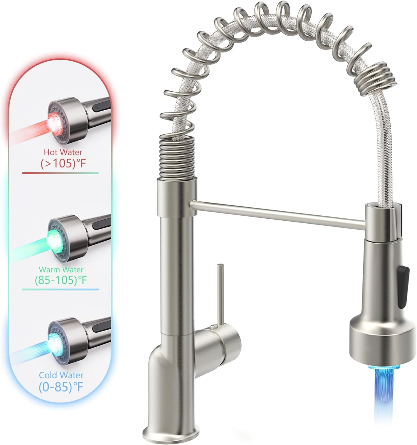 Kitchen Faucet with Pull Down Sprayer Single Hole Stainless Steel LED ...