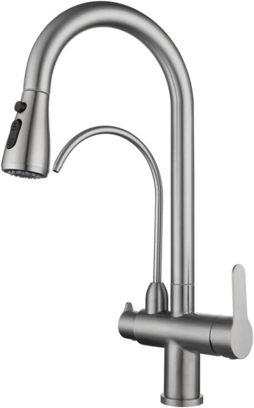 Kitchen Faucets 3 Way Faucet Stainless Steel Brushed Retractable Hot ...