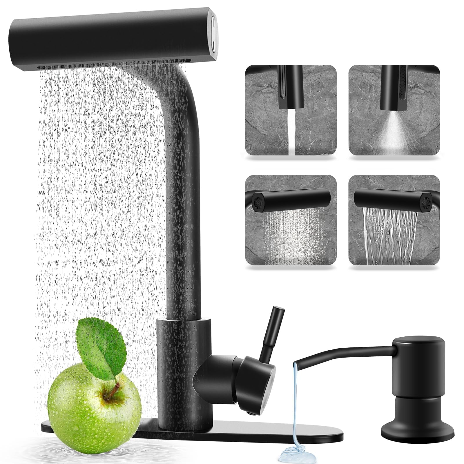 Kitchen Faucets With 4 Modes Pull Down Sprayer, Matte Black Kitchen ...