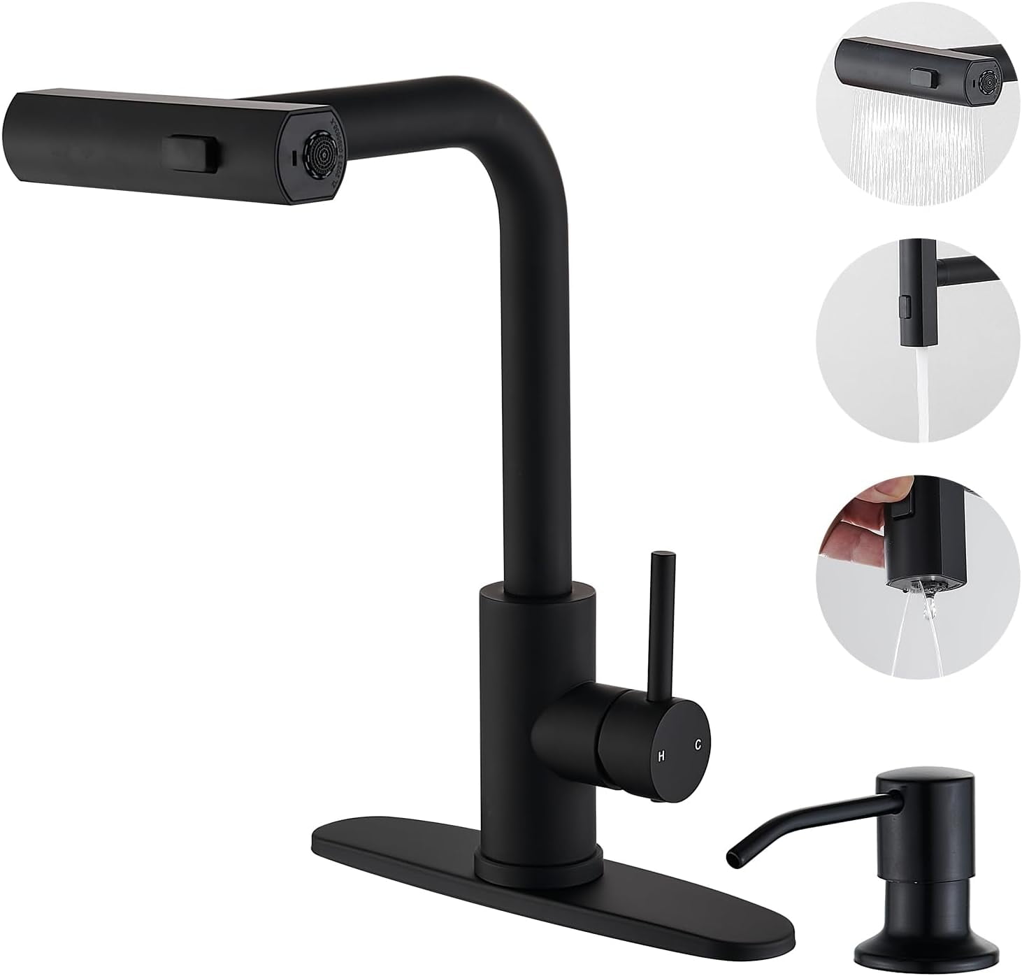 Kitchen Faucets with Pull Down Sprayer, Black Waterfall Kitchen Sink ...