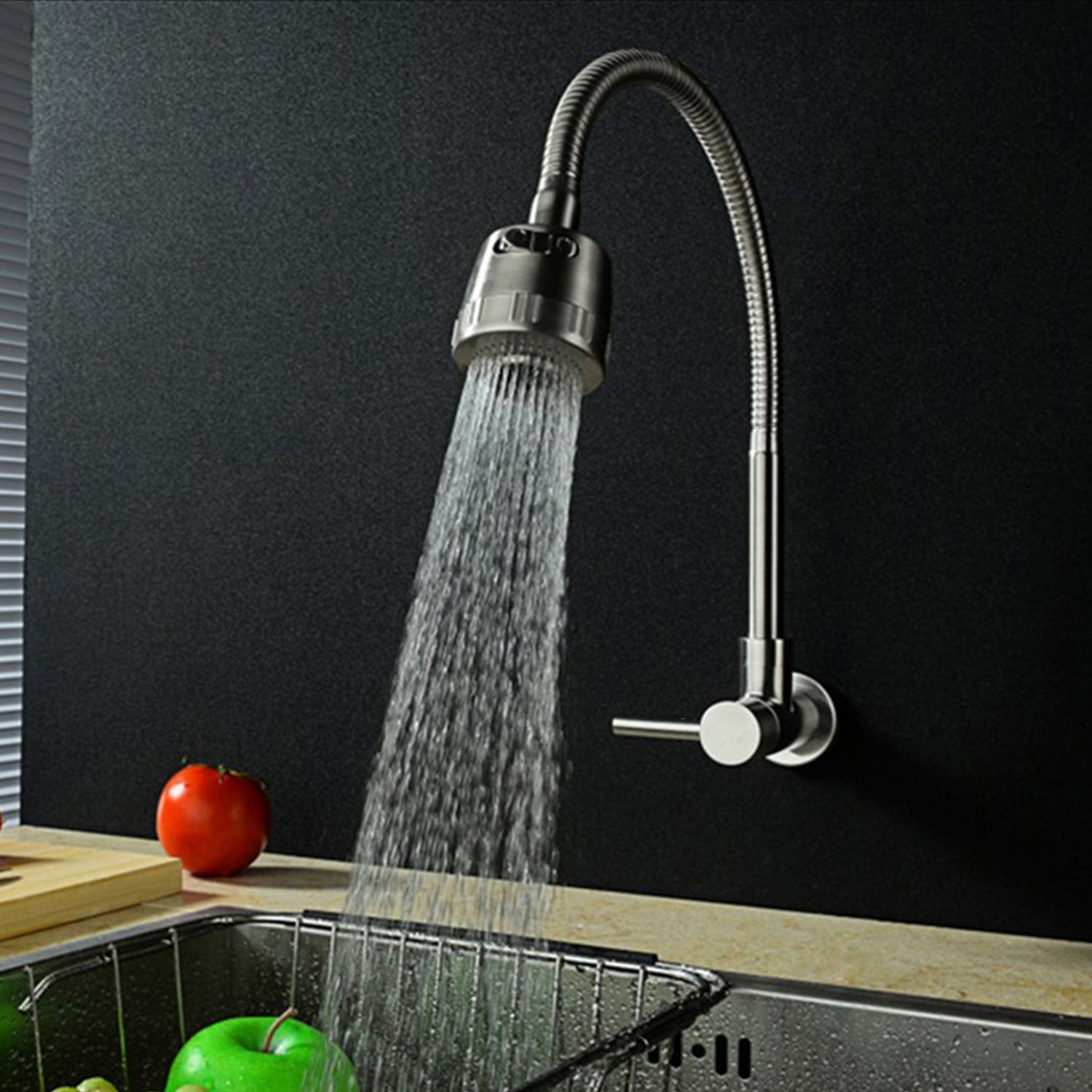 Kitchen Faucets,Rotatable Water Tap Steel Brushed Finished Wall-mounted ...