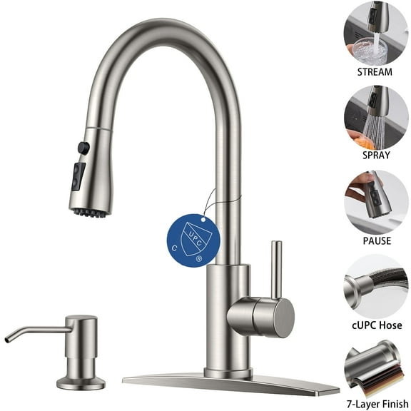 Kitchen Faucets with Pull Down Sprayer, High Arc Single Handle Classic Stainless Sink Faucet 1 ...