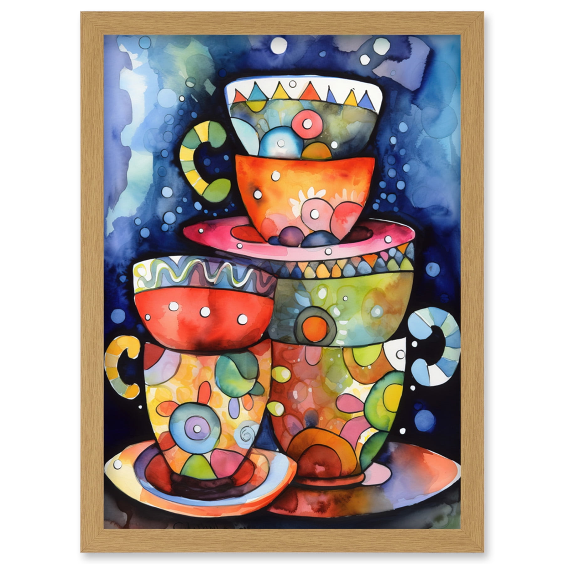 Kitchen Folk Art Mugs And Cups Artwork Framed Wall Art Print A4 ...