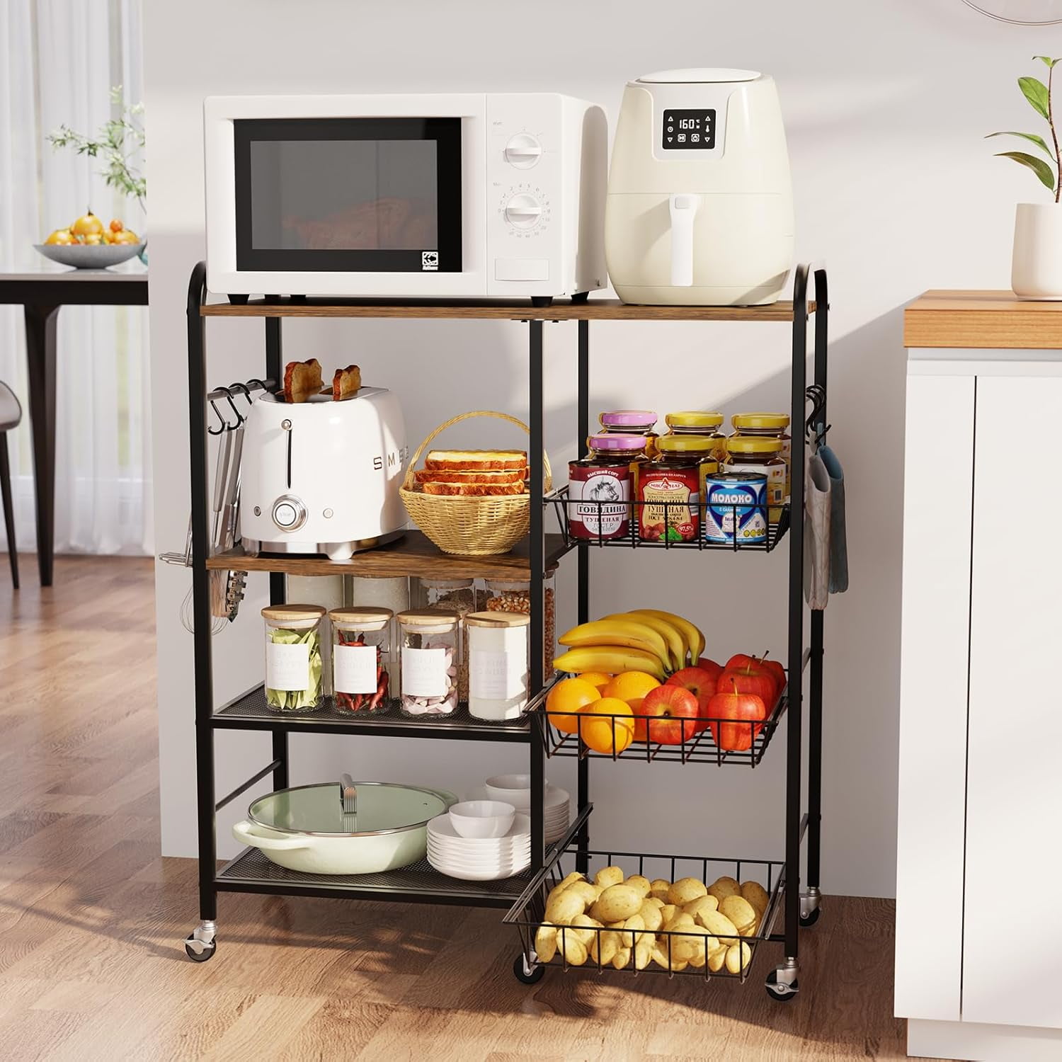 Kitchen Fruit Vegetable Cart - 4 Tier Microwave Table Stand with Pull ...