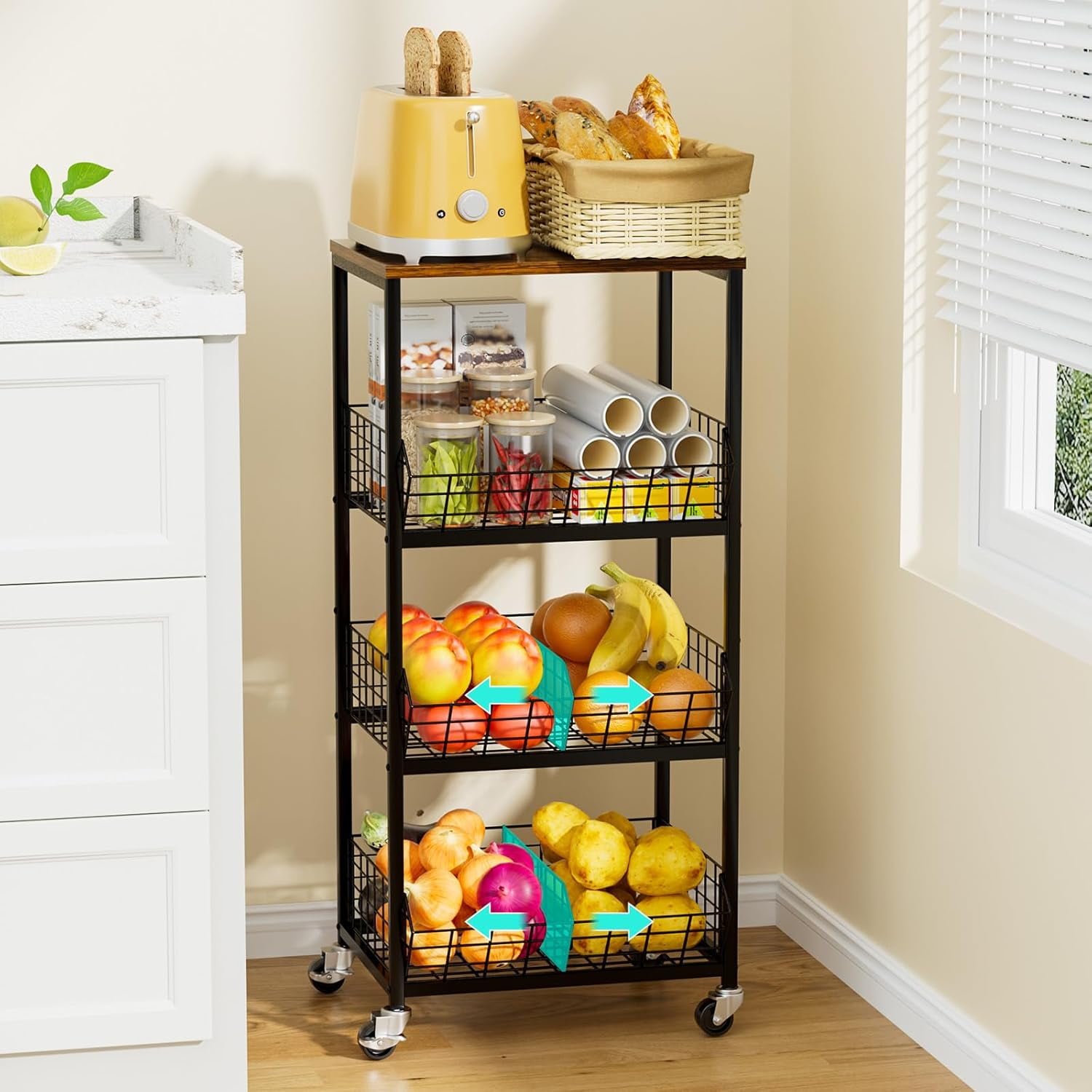 Kitchen Fruit Vegetable Cart - 4 Tier Rolling Storage Rack with Wheels ...